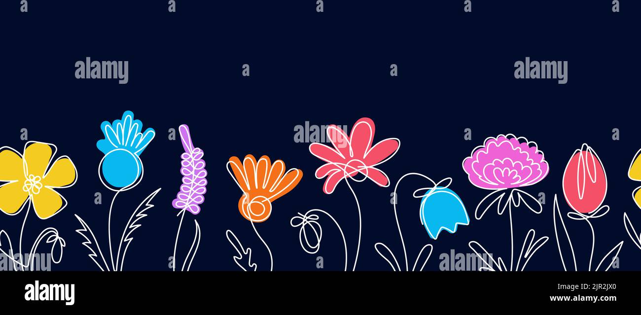 Decorative continuous line flowers seamless pattern. One lines flower ...