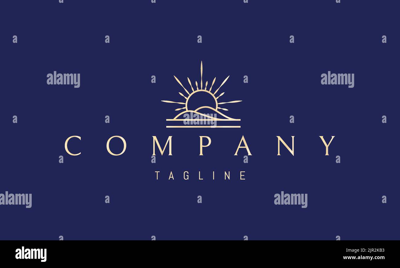 Vector golden logo on which an abstract image of the rising sun against ...