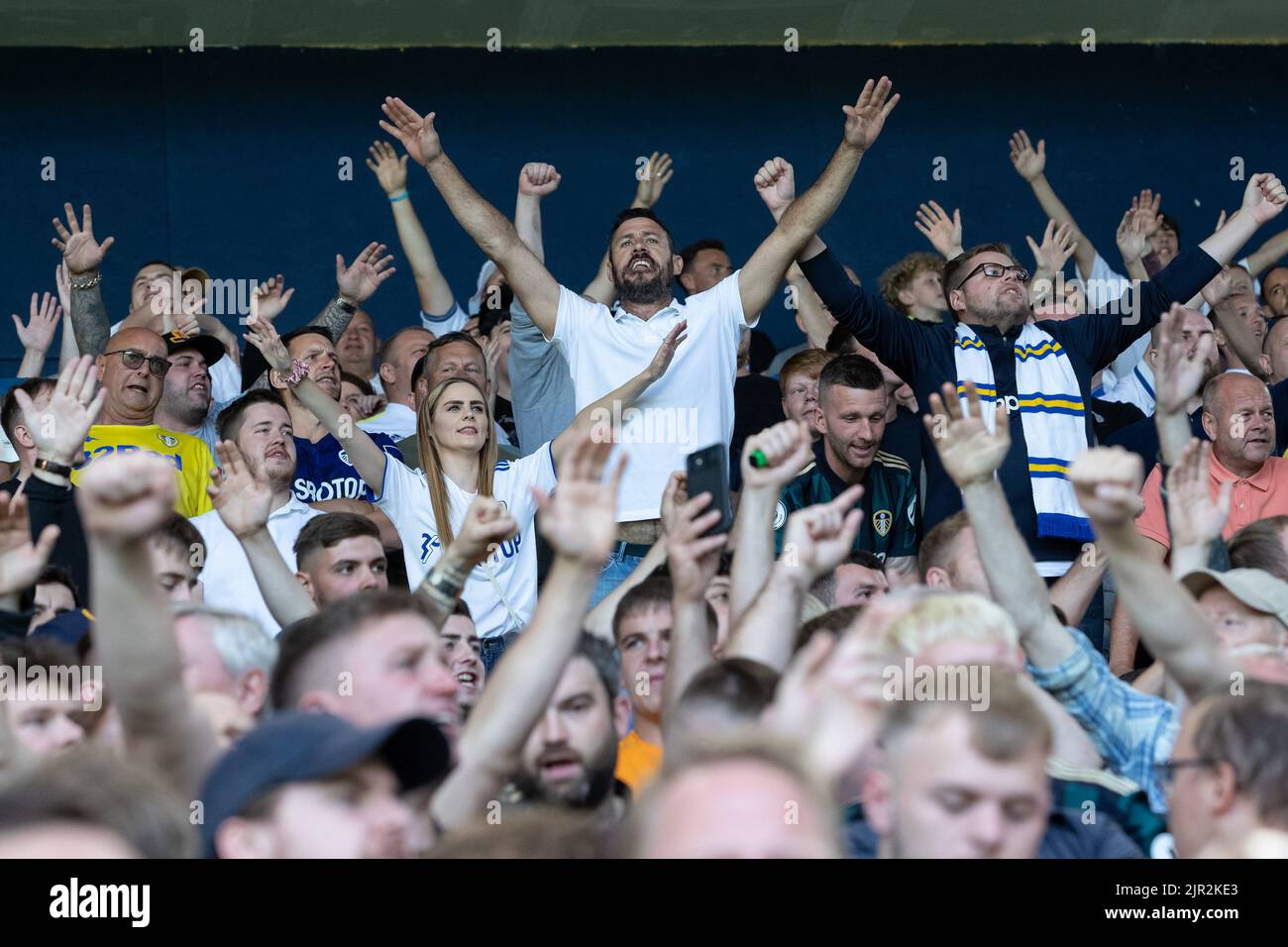 The Leeds United supporters cheer on their team during the game Stock ...
