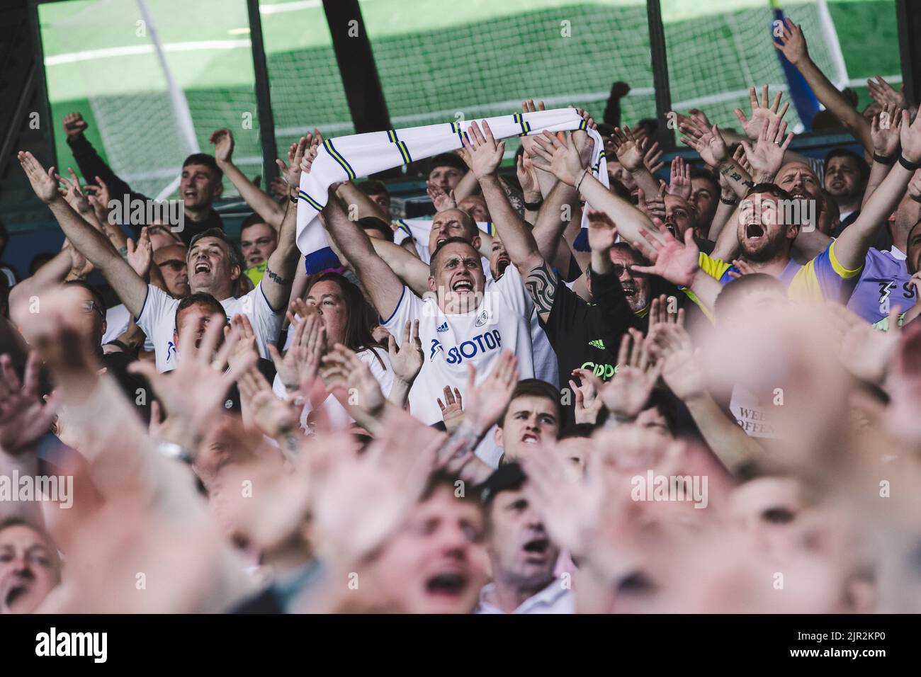 Leeds, UK. 21st Aug, 2022. The Leeds United supporters cheer on their ...