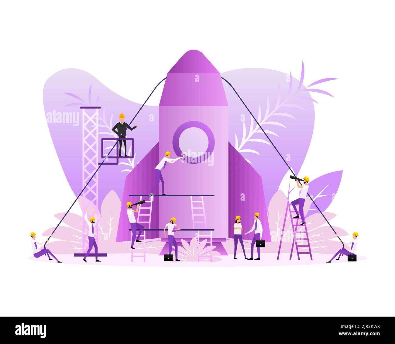 Poster with rocket people. Startup company launch concept, flat tiny ...