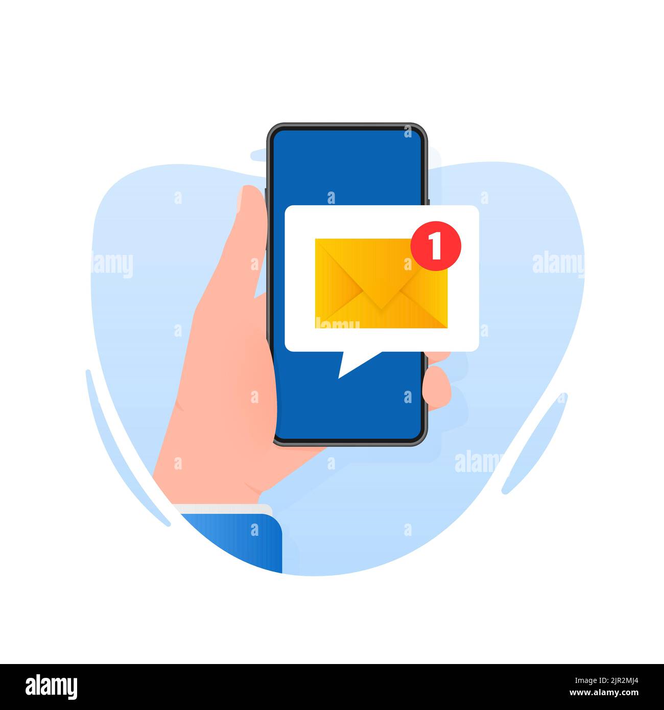 Hand holds phone with mail post new message on white background. Vector ...