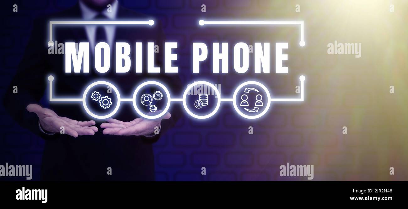 Text caption presenting Mobile Phone. Business overview A handheld ...