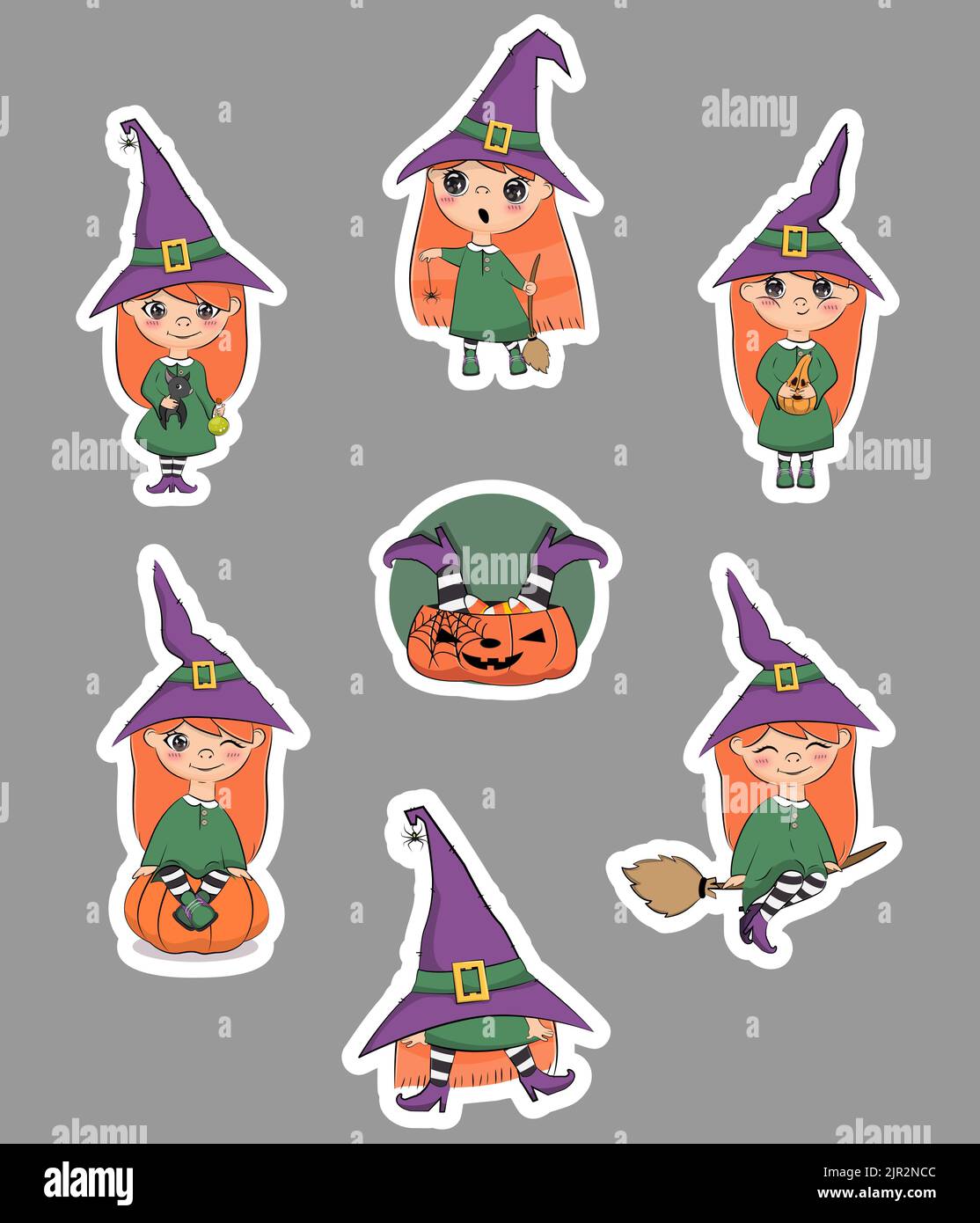 Happy halloween. Cute little witch stickers pack. Vector illustration ...