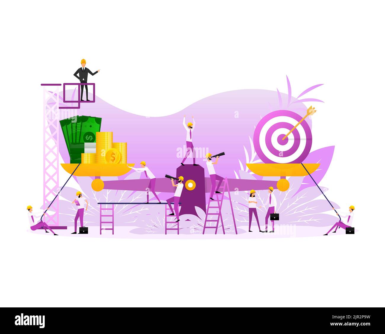 Flat target vs money on scales. Flat people. Time management. Vector ...