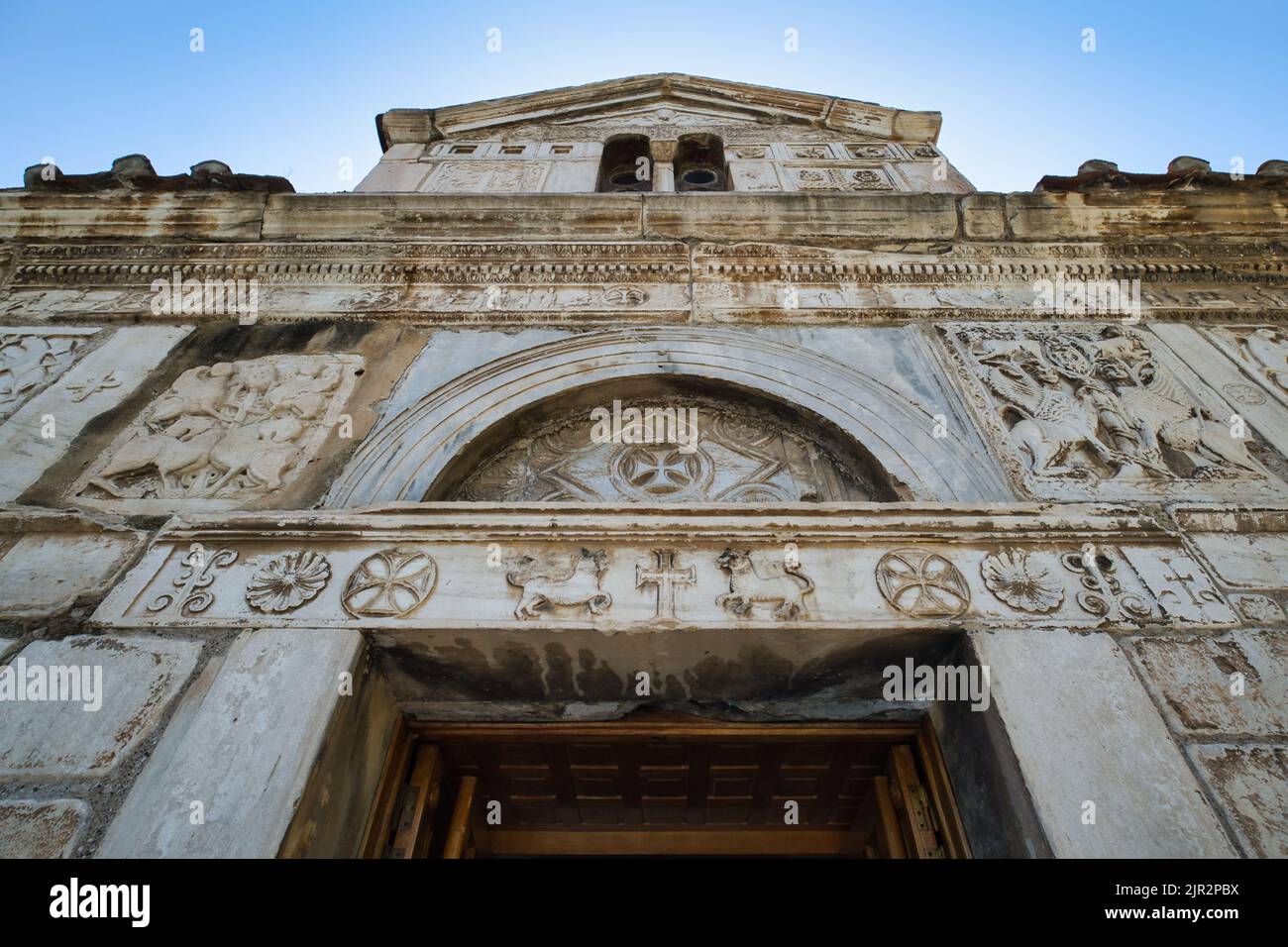 Low angle view of the facade of the byzantine Church of St. Eleutherios ...