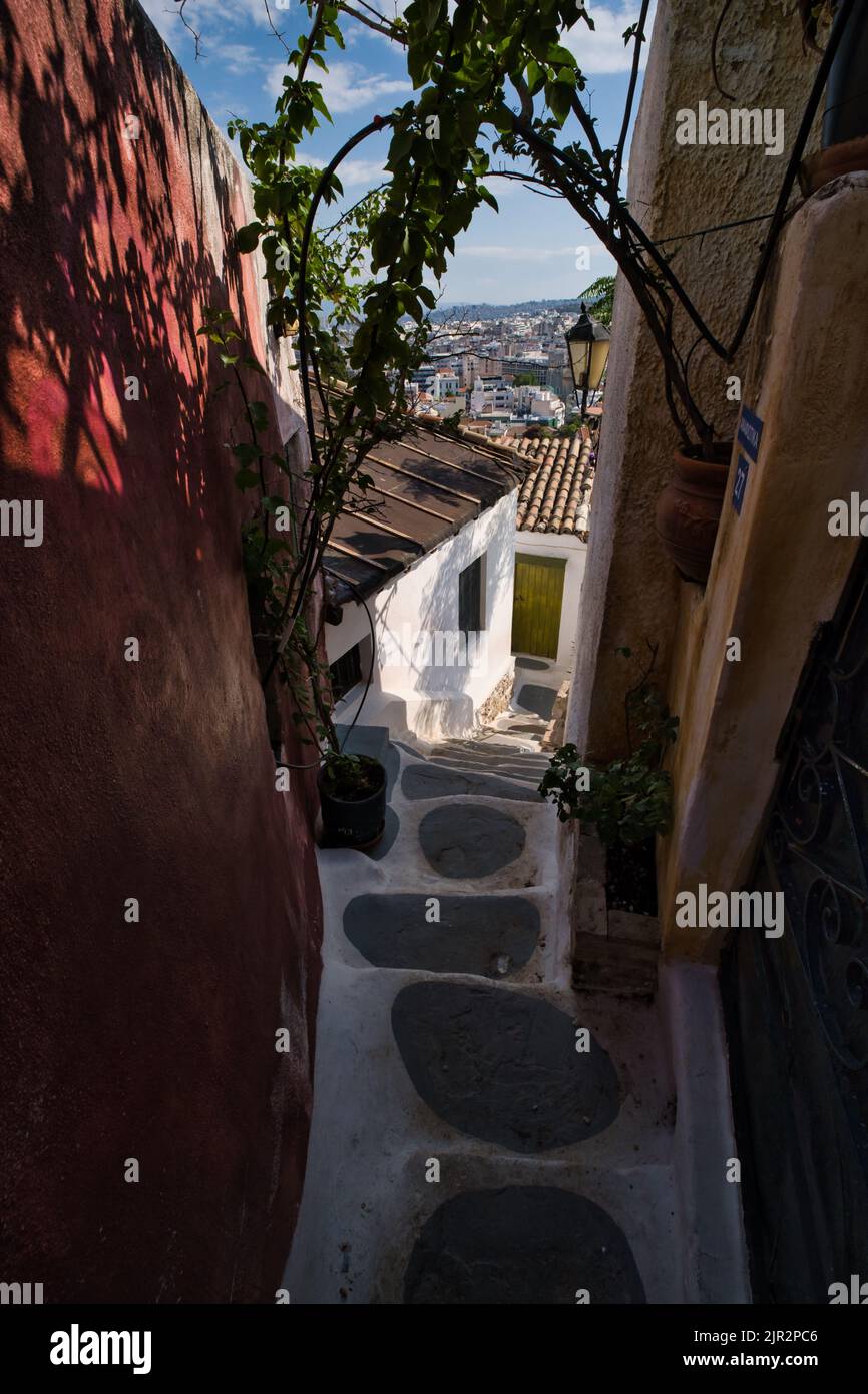 View of a picturesque alley of the Anafiotika district in Athens Stock ...
