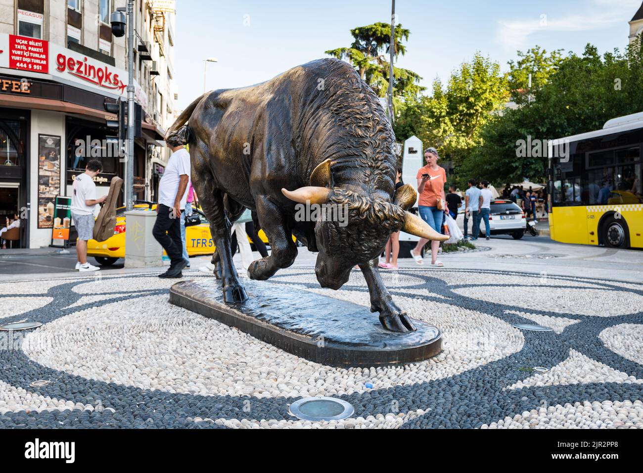 Istanbul, Turley - August 2022: Bull statue at the Kadikoy square, a ...