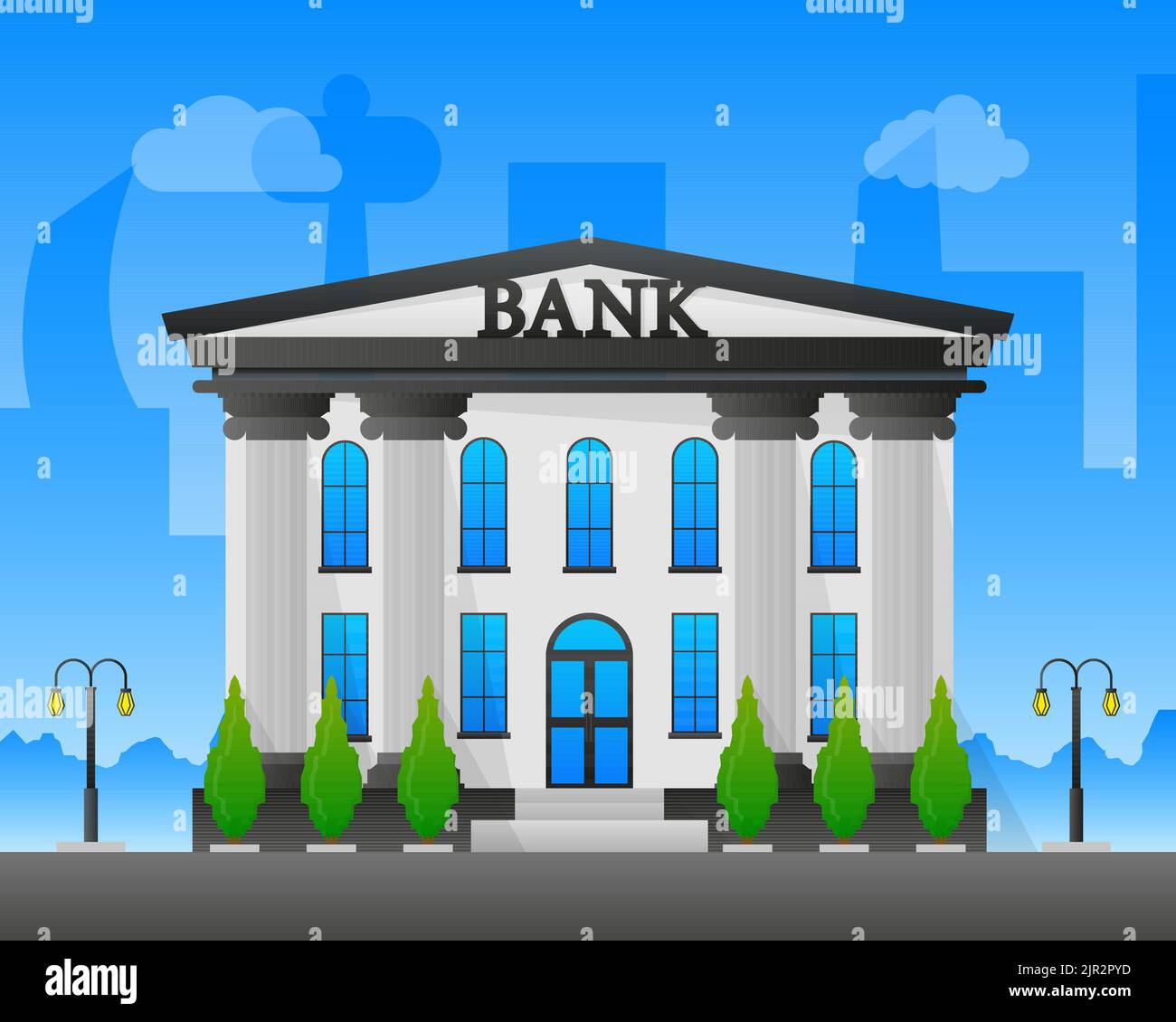 Bank building. Online banking. Money exchange, financial services, ATM. Vector stock ...