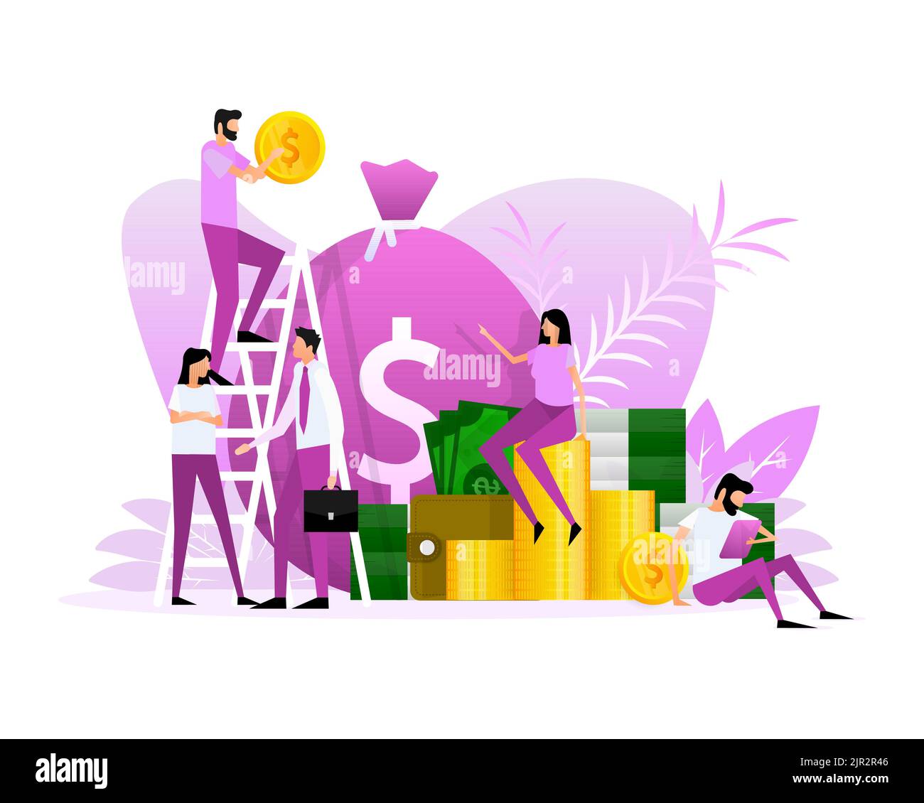 Flat illustration with investment management people coins. Flat vector ...