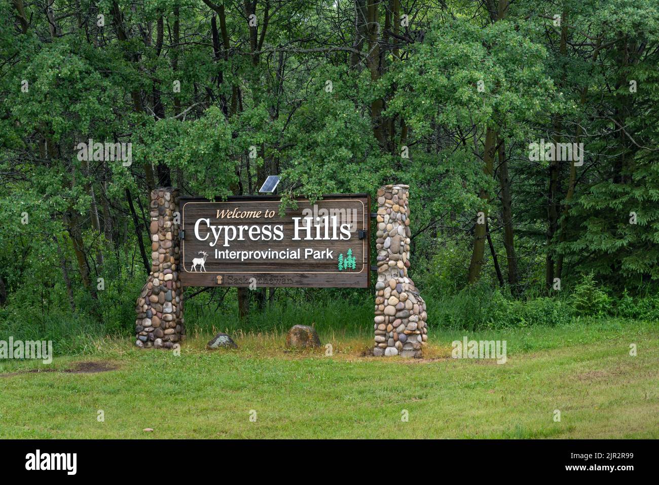 The park sign to the Cypress Hills Interprovincial Park, Saskatchewan ...