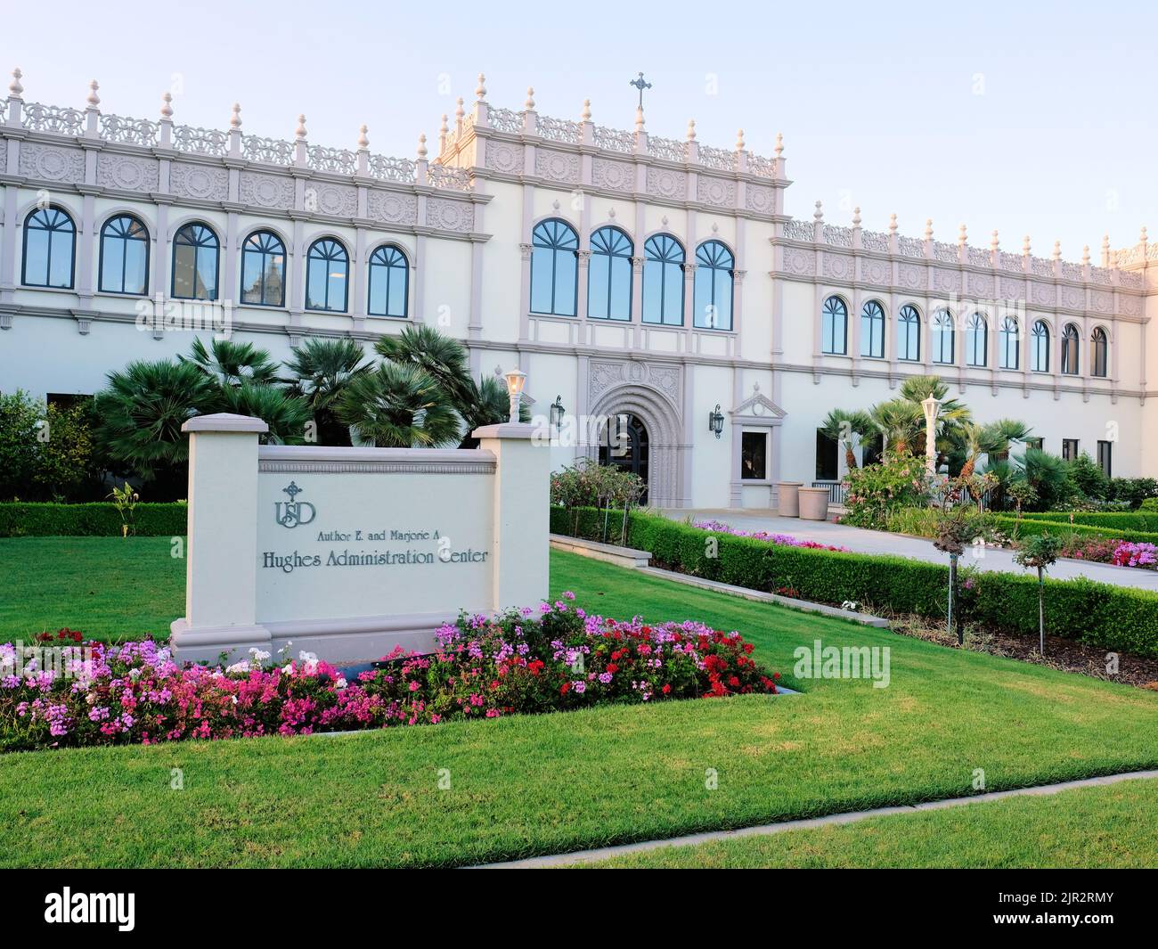 Sign at the Hughes Administration Center at the University of San Diego ...