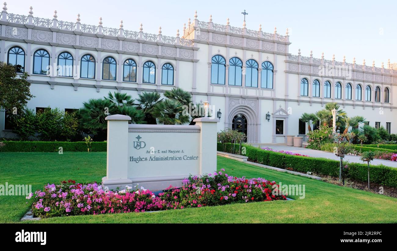 Sign at the Hughes Administration Center at the University of San Diego ...