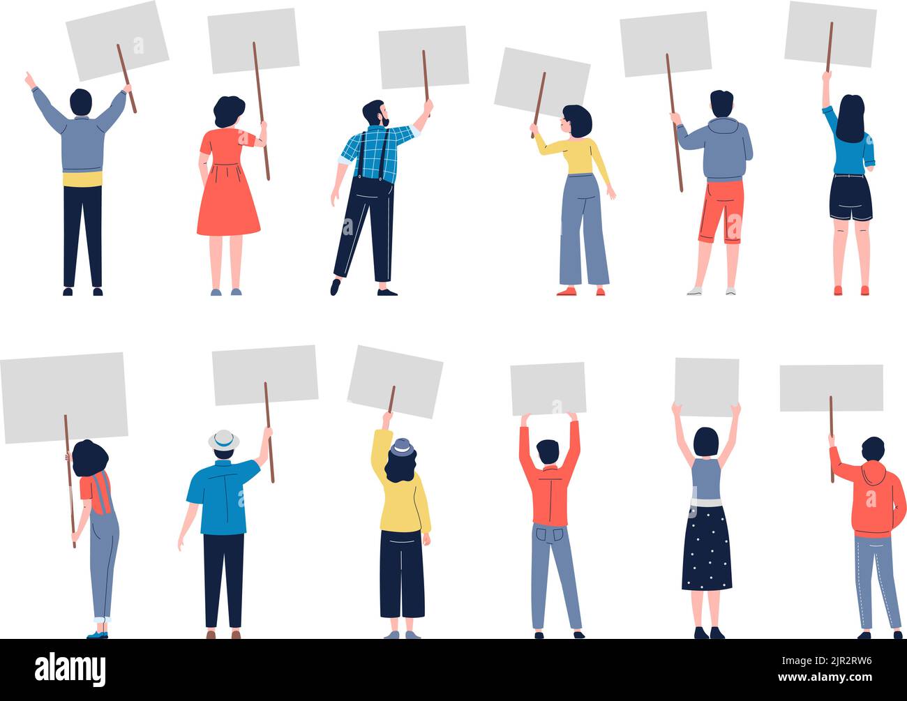 Protest demonstration characters with placards stand backs on picket ...