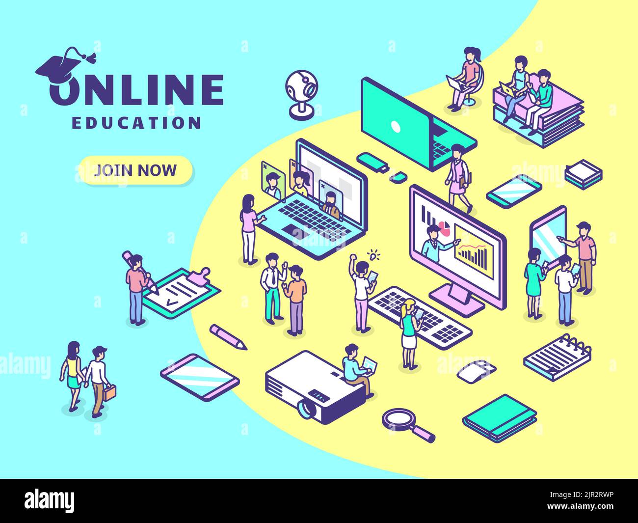 Isometric online school working web banner. Fun learning in college, exams preparation. 3d retro ...