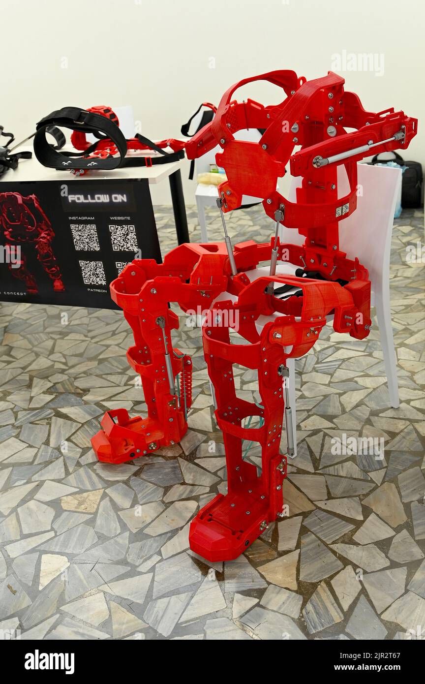 A vertical shot of a 3D printed exoskeleton modular concept prototype ...