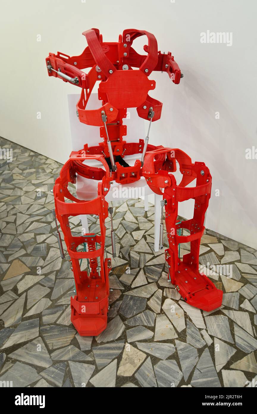 A vertical shot of a 3D printed exoskeleton modular concept prototype ...
