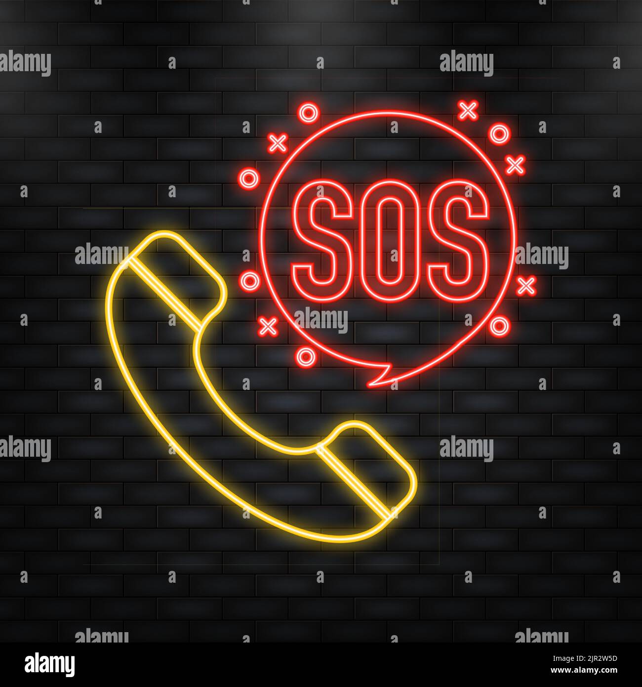 SOS lettering in a phone icon isolated on white background. Warning ...