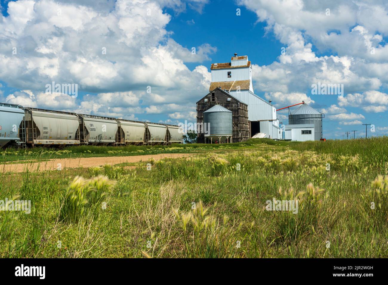 The grain storage elevator and train cars at Bromhead, Saskatchewan ...