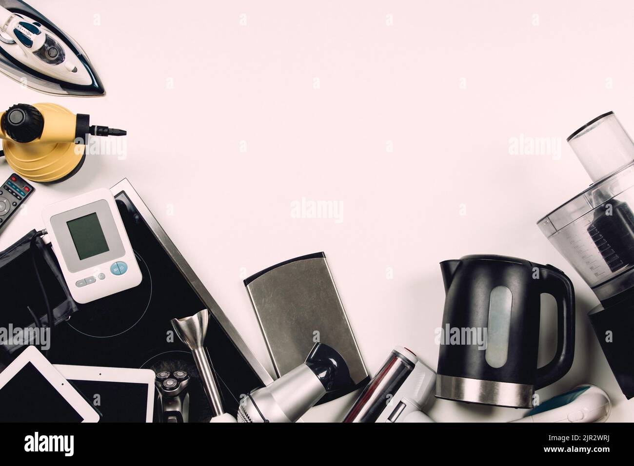 Top view to old household, electrical appliances, broken computers ...