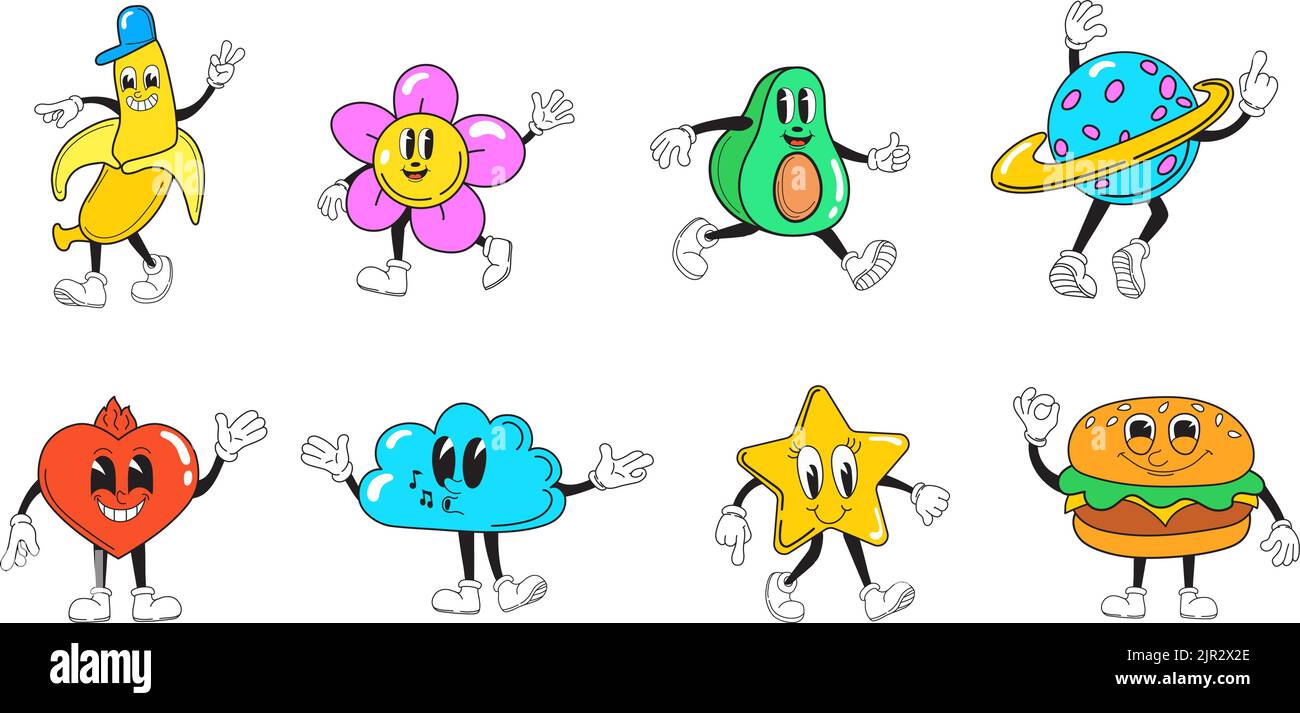 Abstract trendy mascots. Facial cartoon retro characters, expression ...