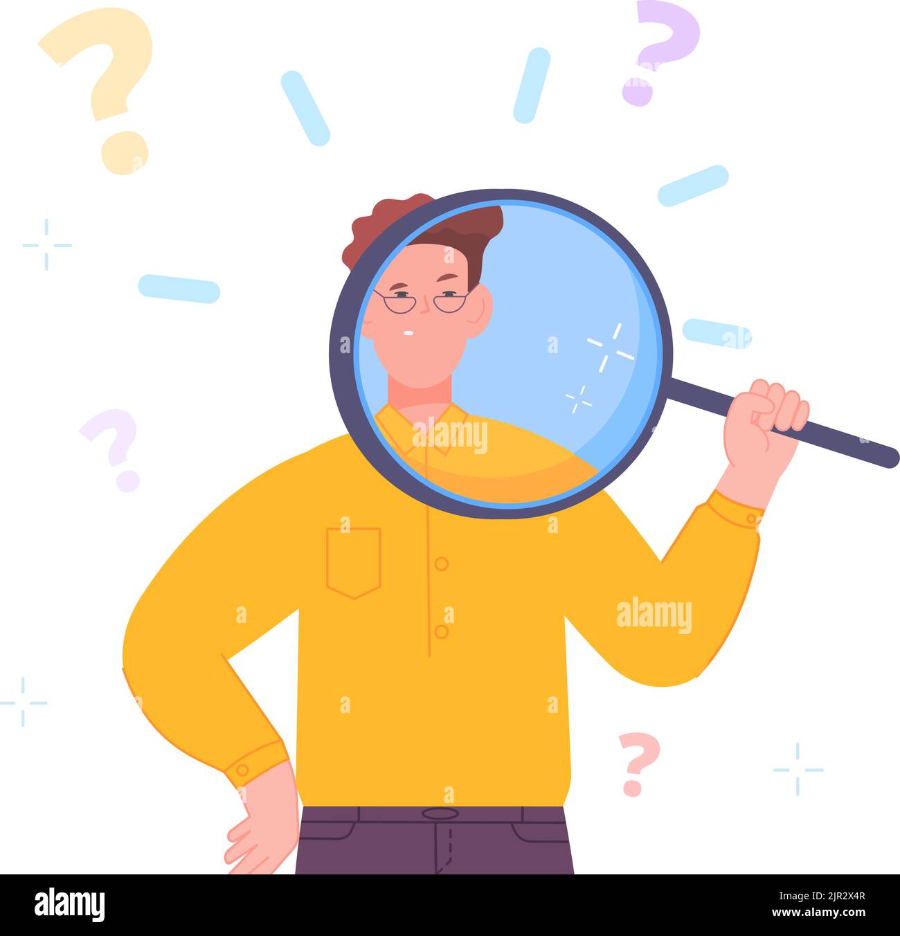 Looking something at magnifier. Fun man look eye in magnifying glass ...