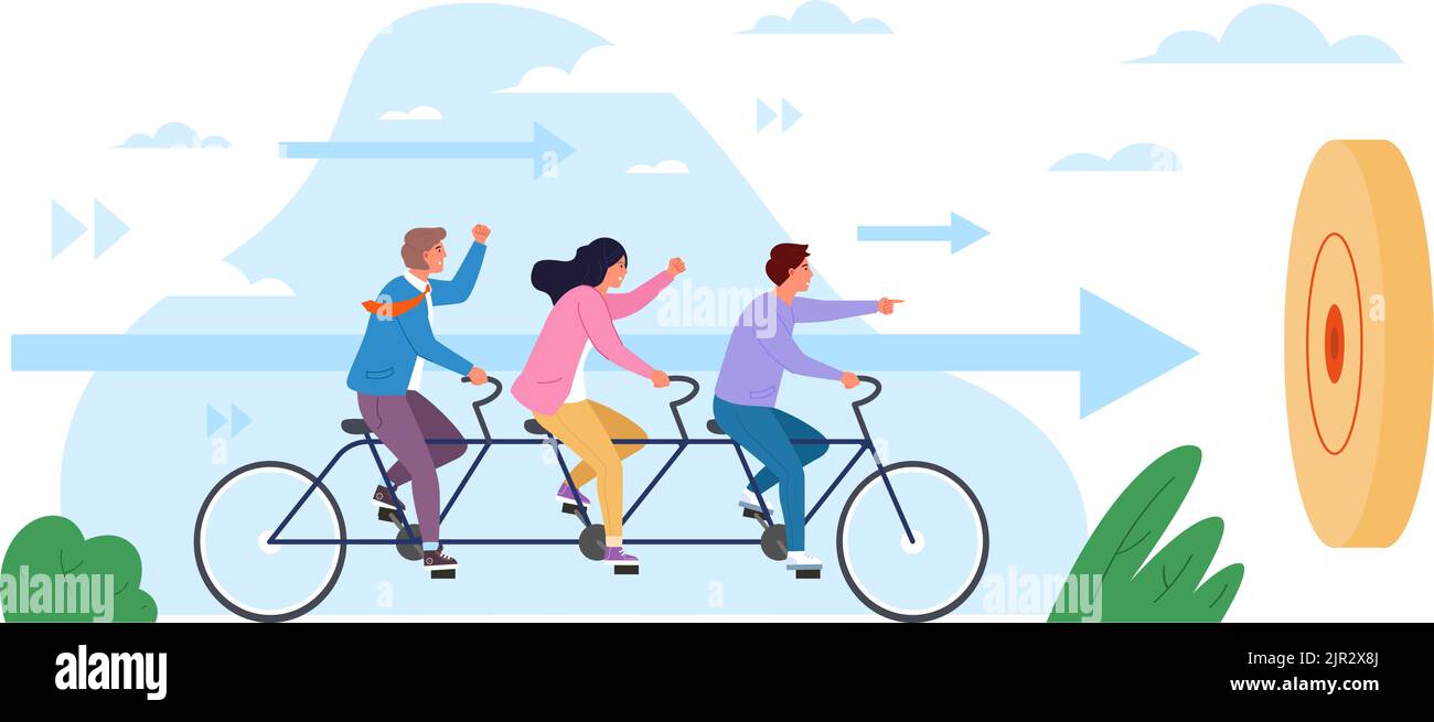 Bicycle team work. Teamwork tandem bike, corporate lifestyle joy ...