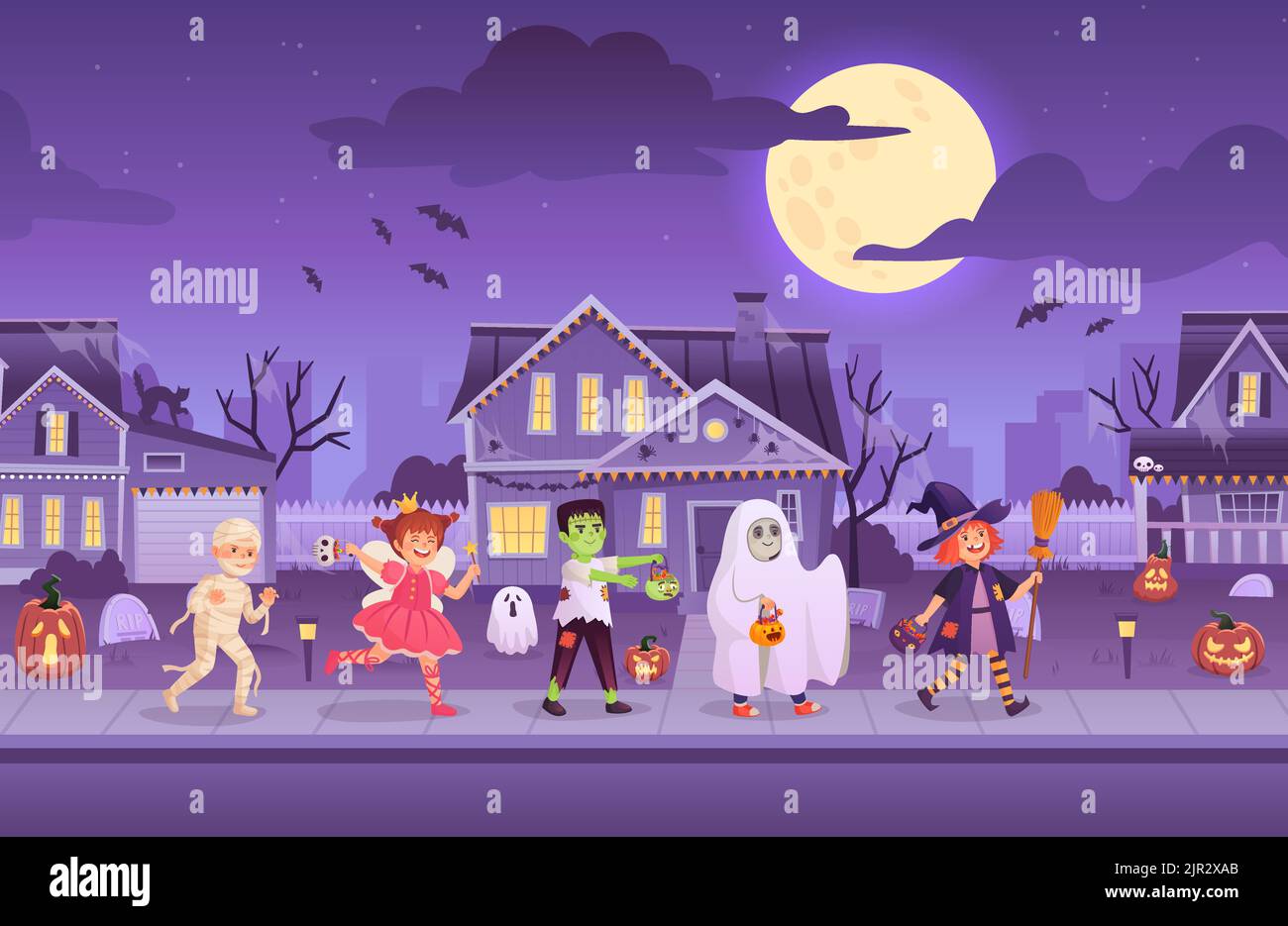 Children wearing halloween costumes. Kid groups in diversity monster ...