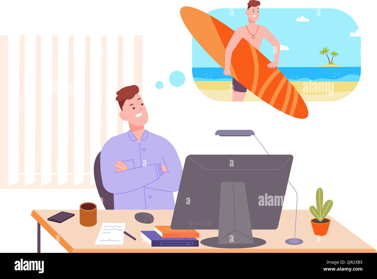 Worker dreaming vacation. Office employee at computer think about ...