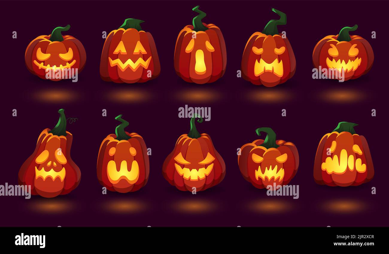 Glowing jack o lantern. Lights in dark pumpkins with scary carved ...