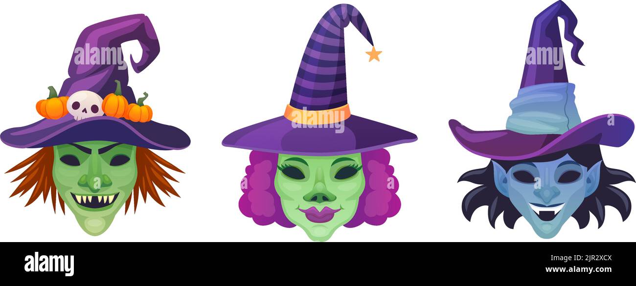 Witches mask. Halloween scary witch faces, carnival head disguise evil ...