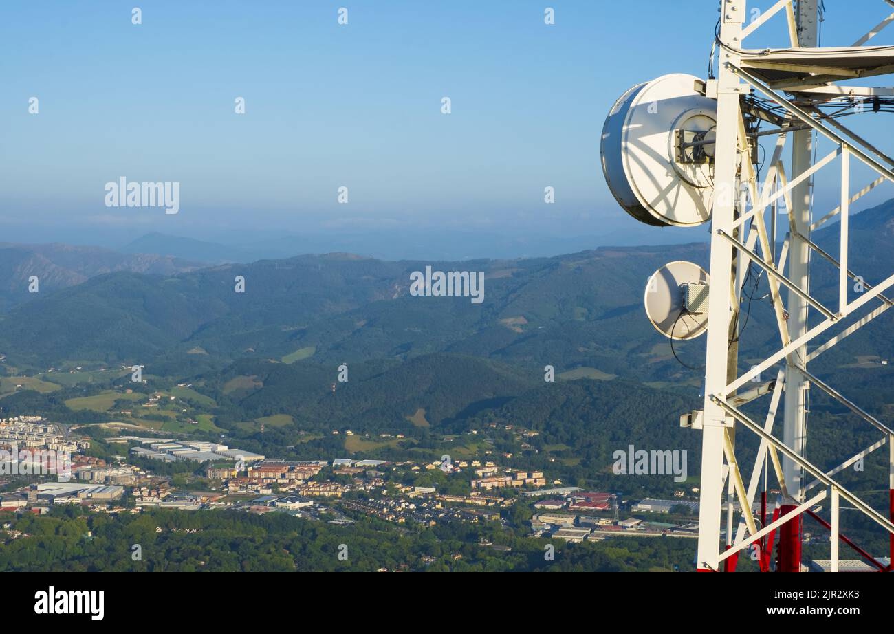 Cellular station for smart city connect, aerial view. Big data ...