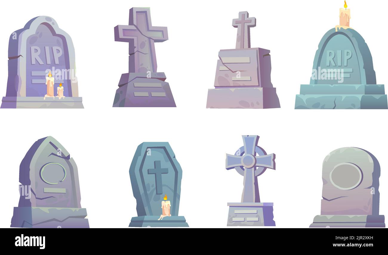 Cartoon headstones. Scary gravestones stone crosses, halloween ring grave crypt or old tombstone ...
