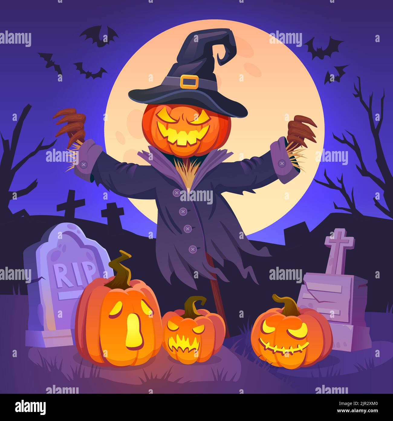 Halloween scarecrow. Pumpkin head jack o lantern creepy monster on ...