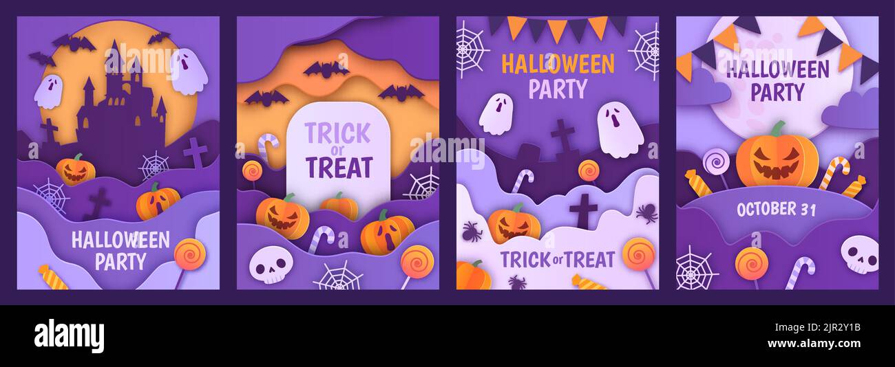 Halloween papercut poster. Helloween posters template 3d paper cut ...