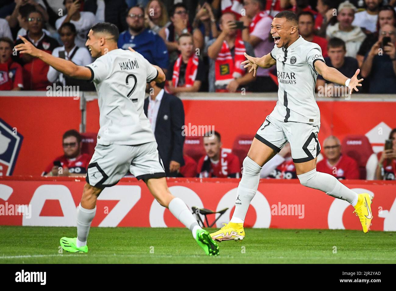 Kylian MBAPPE of PSG celebrate his goal with Achraf HAKIMI of PSG during the French championship ...