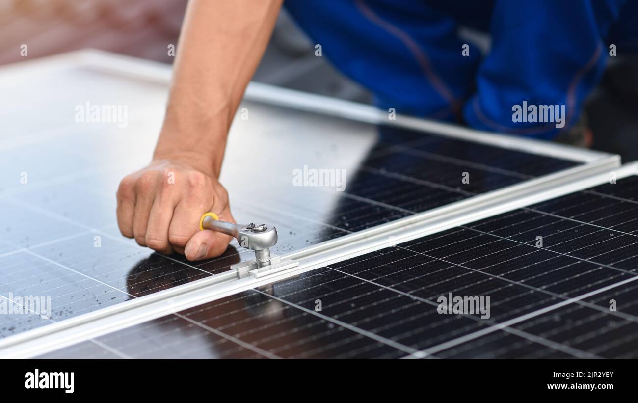 Rooftop solar power system. Fixation and adjusting the height of the ...