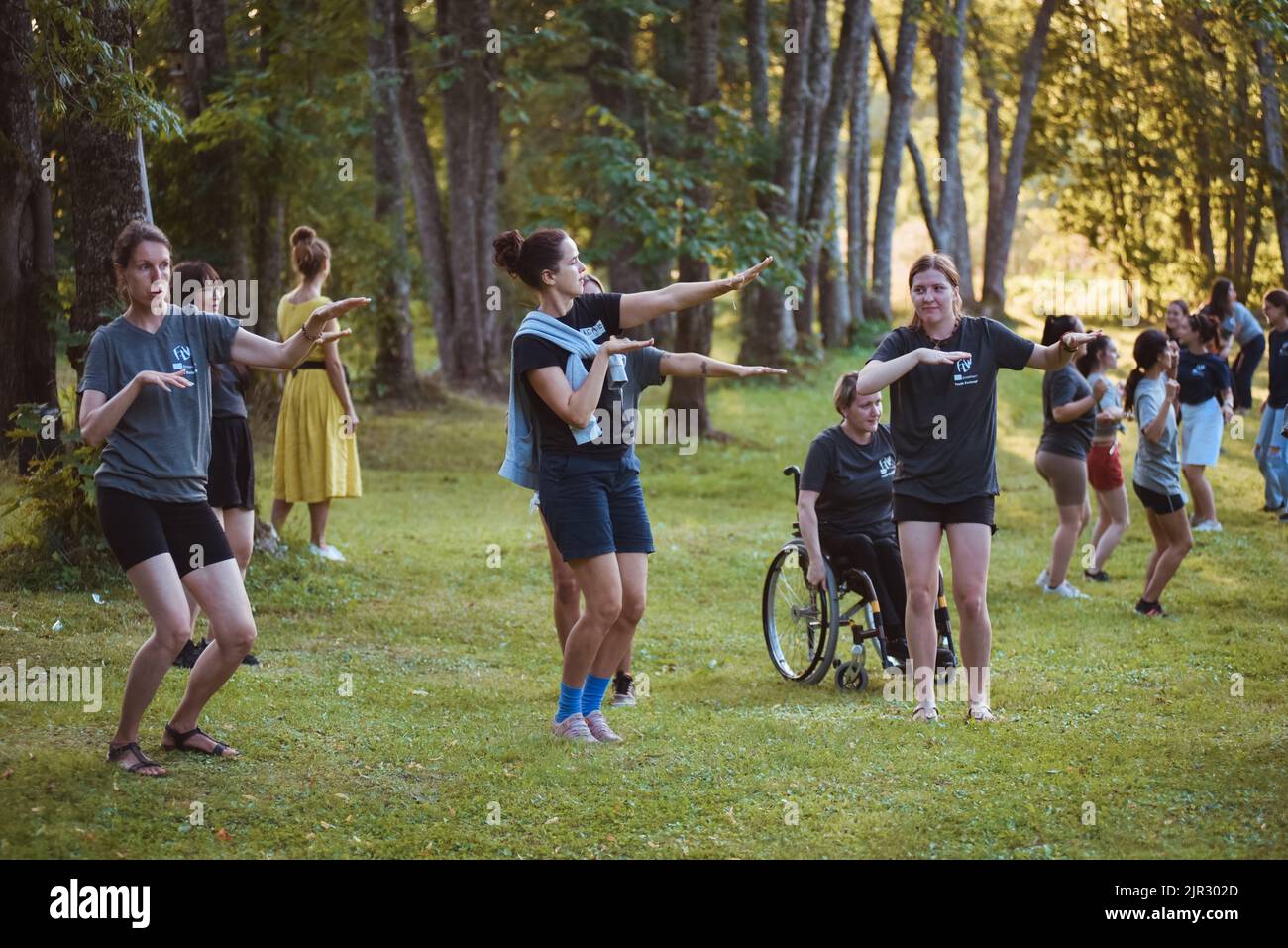 Young people dancing and having fun in the park. Latvia - Luznava, 08. ...