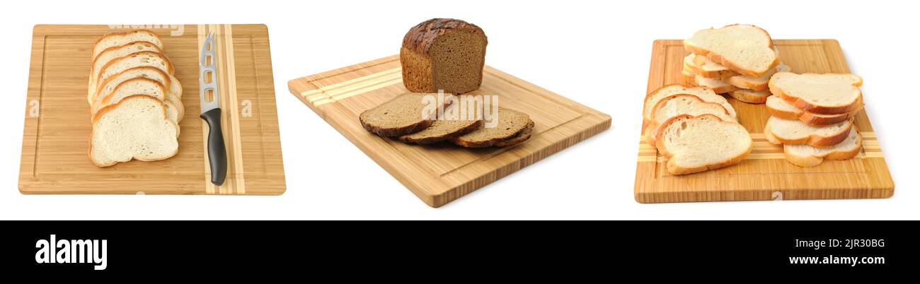 Breadboard rolling pin and sliced bread isolated on white background ...