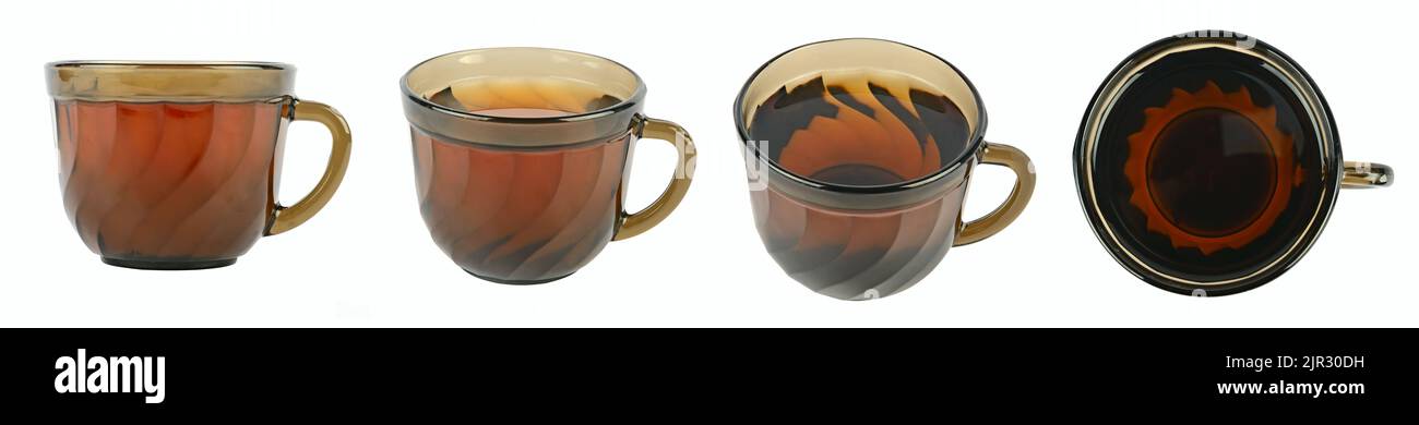 Collection glass cups with tea from different angles isolated on white ...