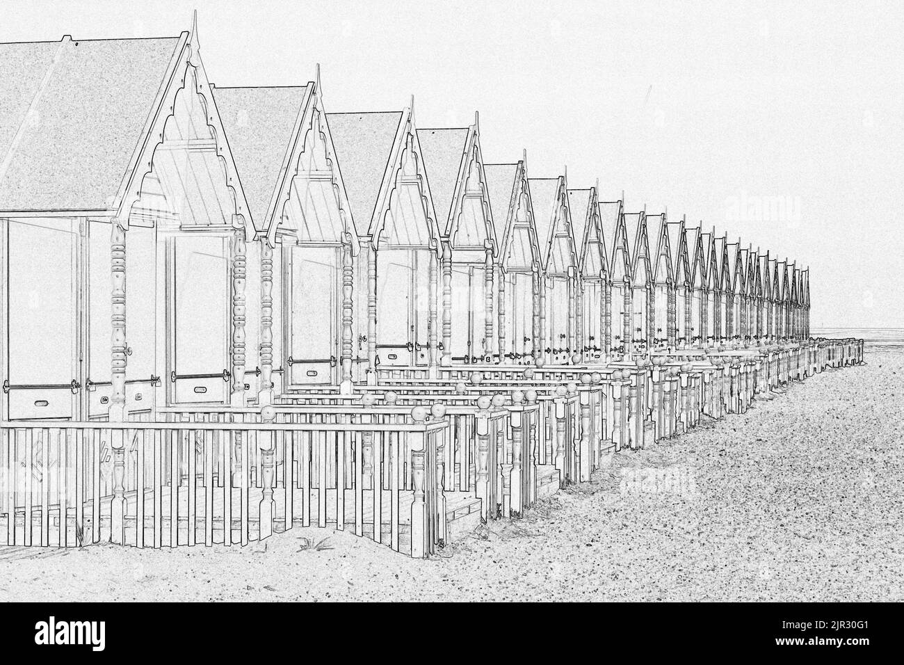 Digital line drawing of beach huts at West Mersea, Essex, England ...