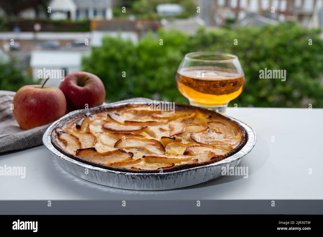 Apple products of Normandy region, homemade baked apple cake and cider ...