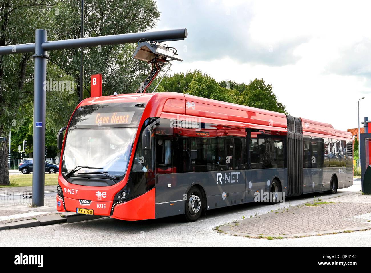 Edam, Netherlands - August 2022: Electric bus at the town's bus station ...