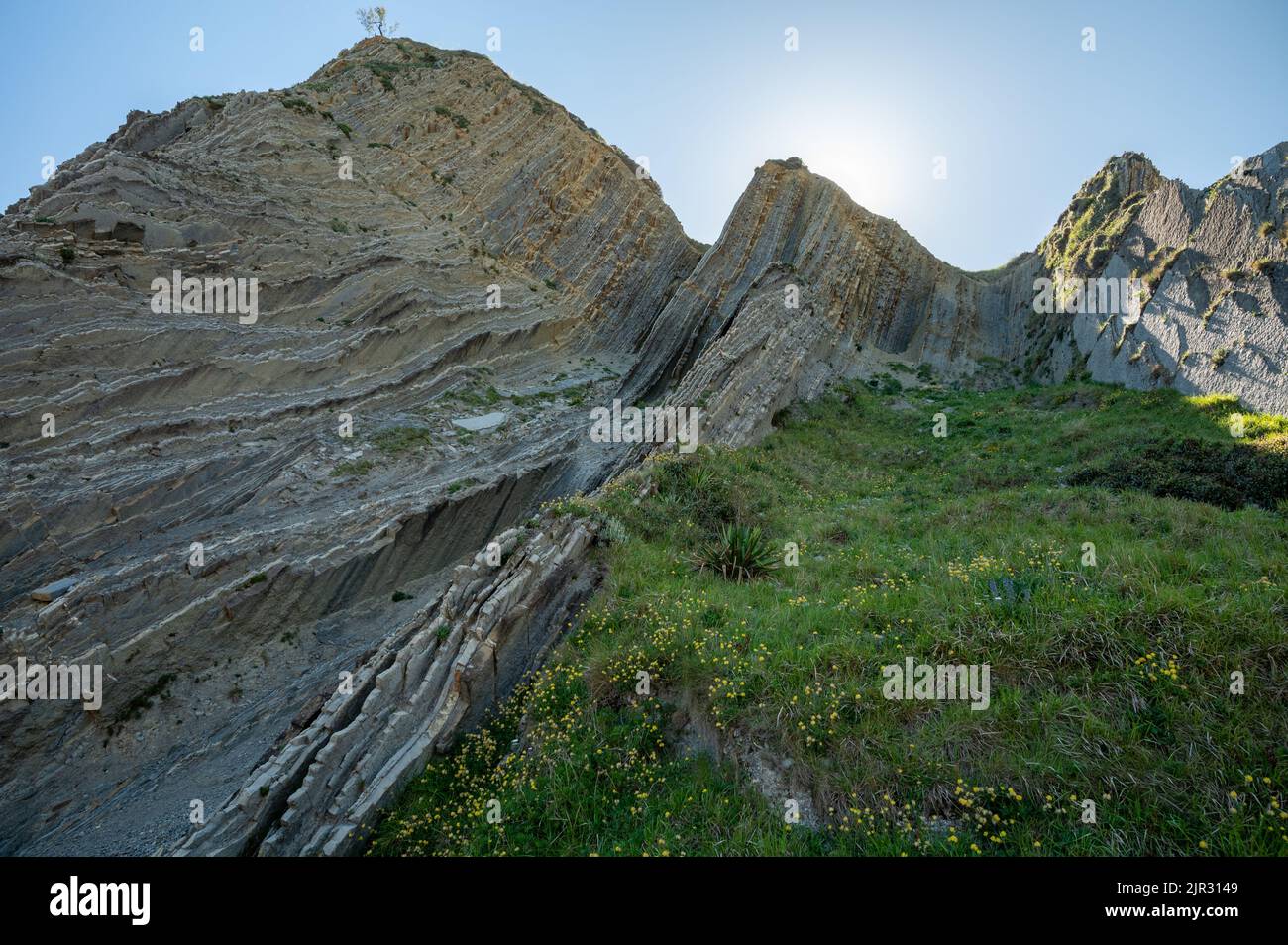 View on steeply-tilted layers of flysch geological formation on ...