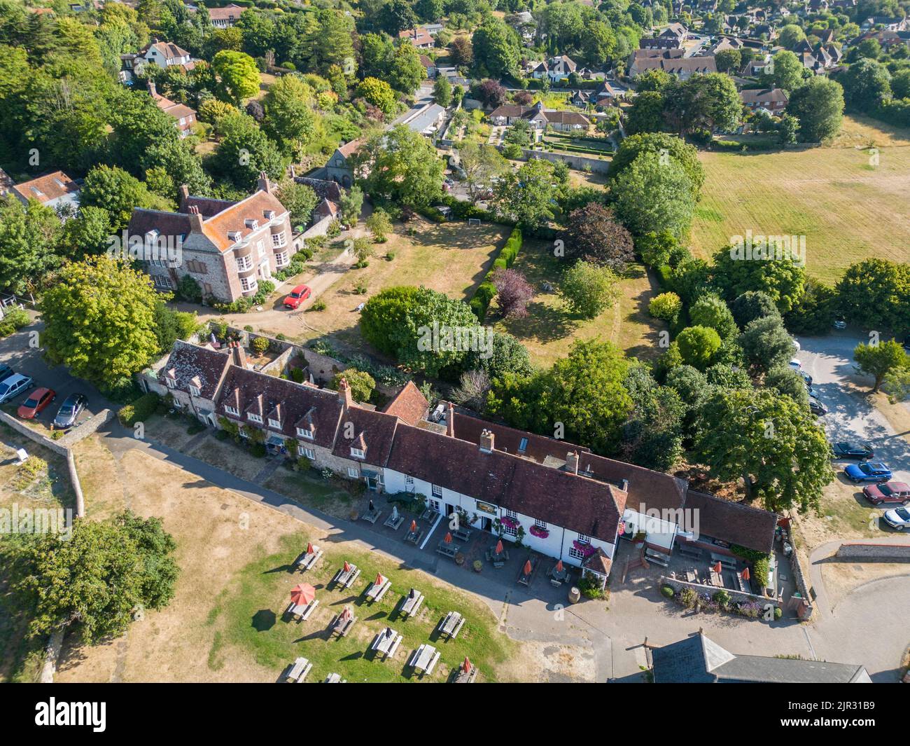 aerial view of east dean and the famous tiger inn in the south downs ...