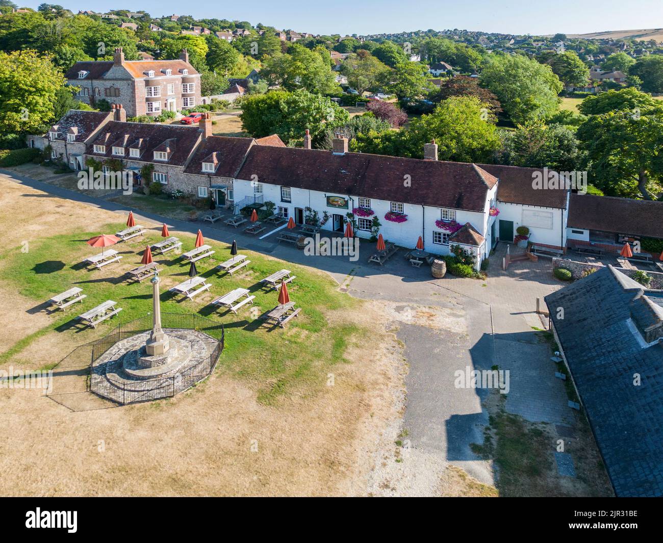 aerial view of east dean and the famous tiger inn in the south downs ...