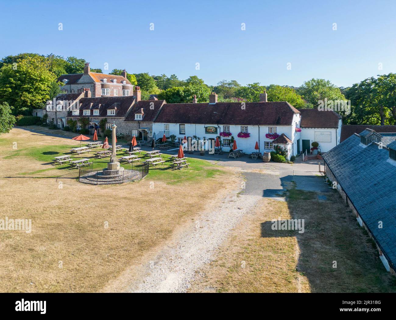 aerial view of east dean and the famous tiger inn in the south downs ...
