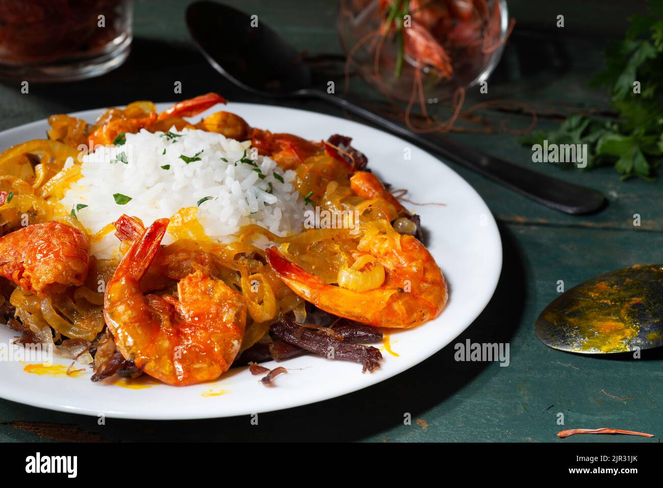 Brazilian typical local food, rice with jerked beef and dry shrimps ...