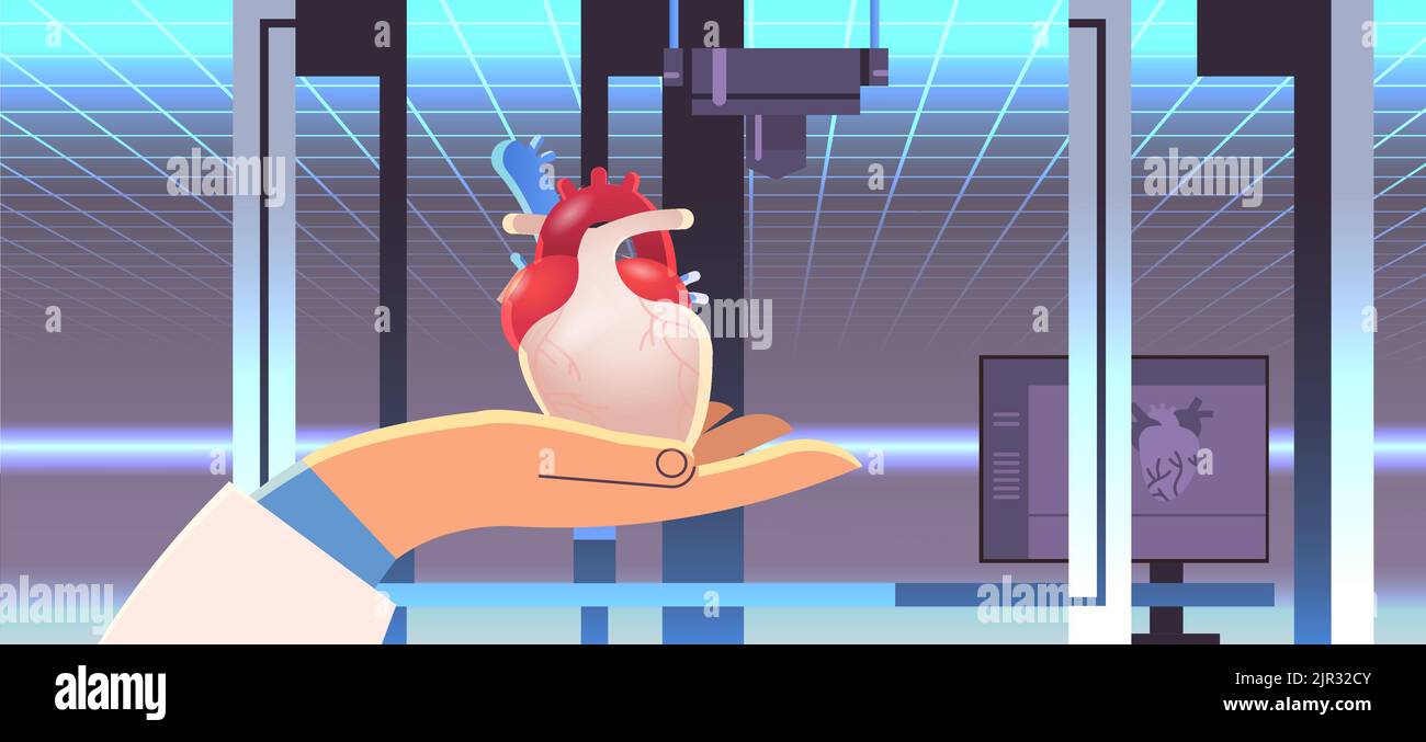 researcher hand holding heart model printed on 3d bio printer medical ...