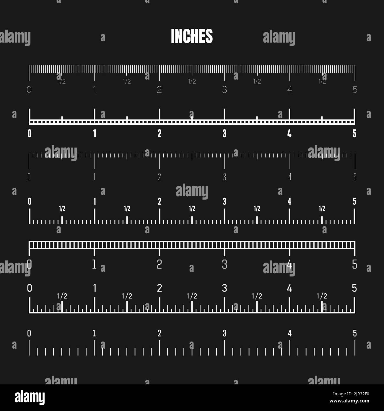 Realistic white inch scale for measuring length or height. Various ...